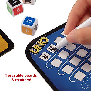 Mattel Games ​UNO Family Dice Game, with 6 Dice, 4 Dry Erase Boards and 4 Markers, Makes A Great Gift for 7 Year Olds and Up