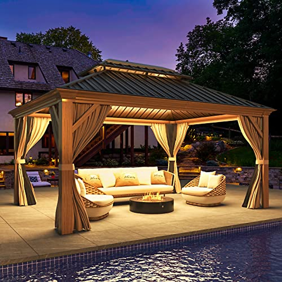 MELLCOM 12' X 14' Hardtop Gazebo, Wooden Finish Coated Aluminum Frame Gazebo with Galvanized Steel Double Roof, Brown Metal Gazebo with Curtains and Nettings for Patios, Gardens, Lawns