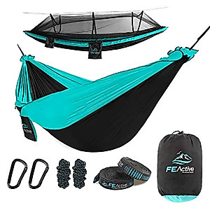 FE Active Outdoor Camping Hammock - Double Hammock for Adults, Removable Mosquito Net, Lightweight, Portable Hammock Tent for Camping, Travel, Backpacking w/Adjustable Straps | Designed in The USA