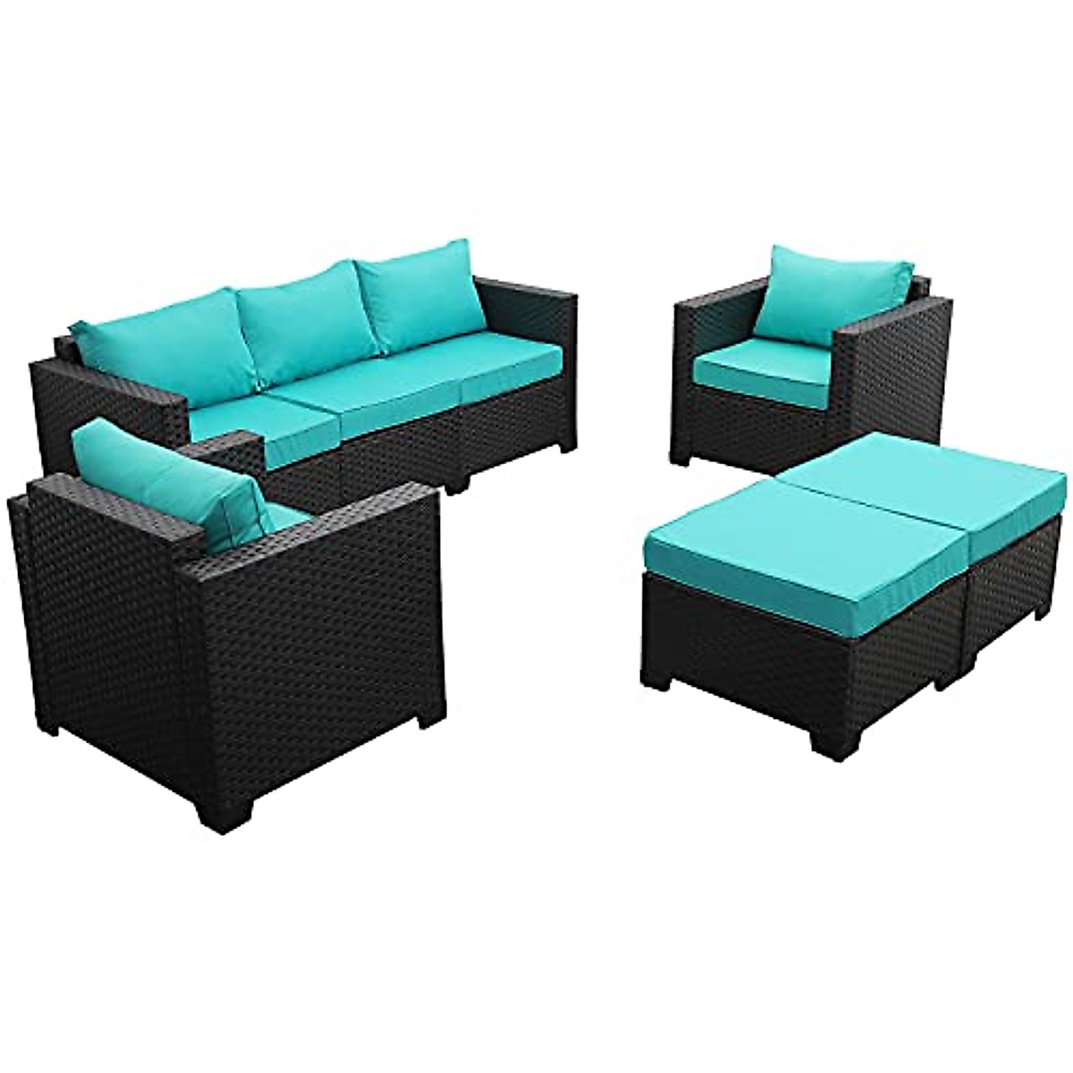 Outdoor Wicker Furniture Couch Set 5 Pieces, Patio Furniture Sectional Sofa with Turquoise Cushions and Furniture Covers, Black Rattan
