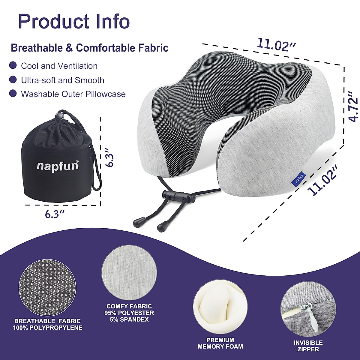 napfun Neck Pillow for Traveling, Upgraded Travel Neck Pillow for Airplane 100% Pure Memory Foam Travel Pillow for Flight Headrest Sleep, Portable Plane Accessories, Light Grey