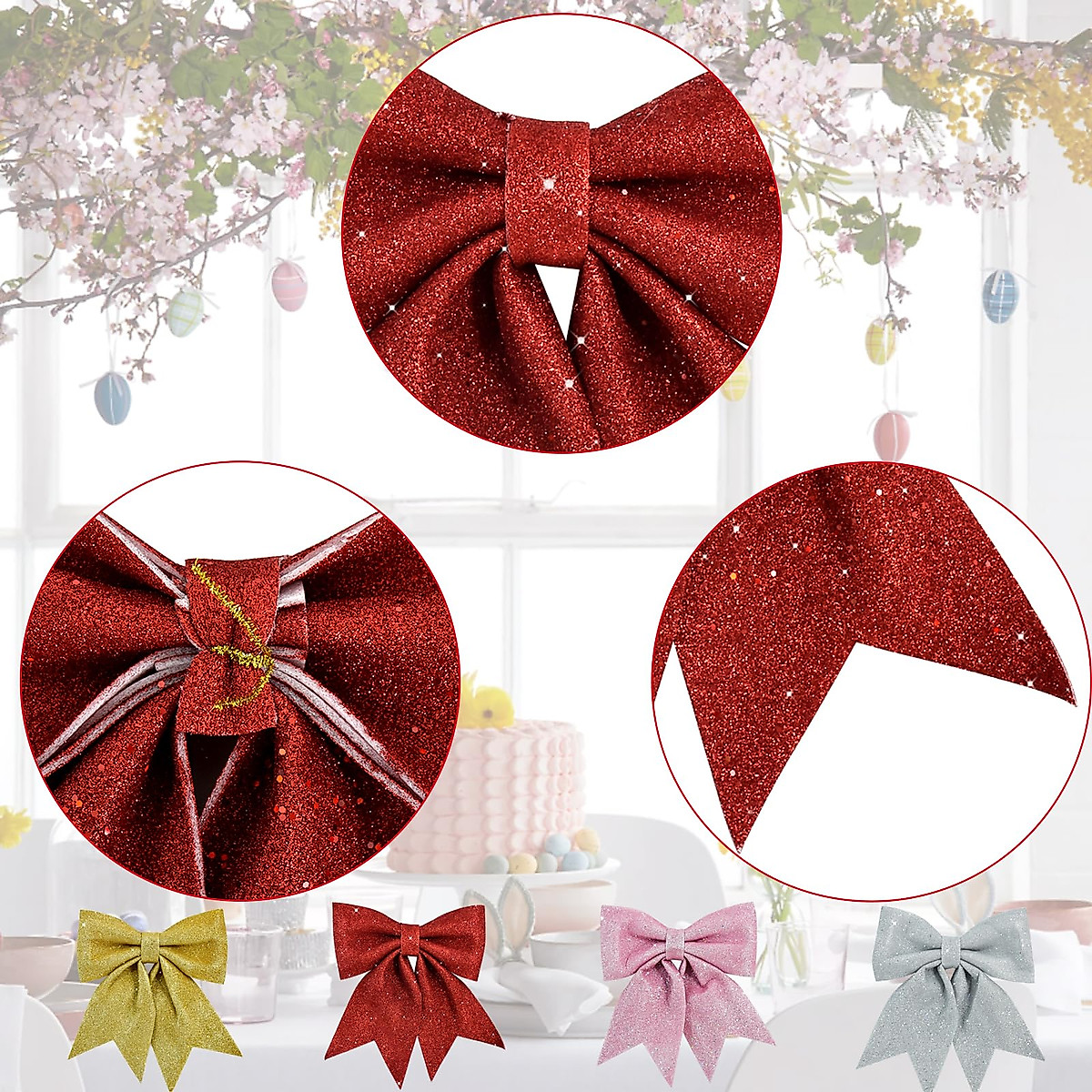 TONIFUL 12x14 Inch Glitter Bow Pink Shiny Christams Bow for Home Party Wedding Indoor Decoration， Gift Wrapping Accessories, Christams Whreath Bow DIY Handcraft Bow