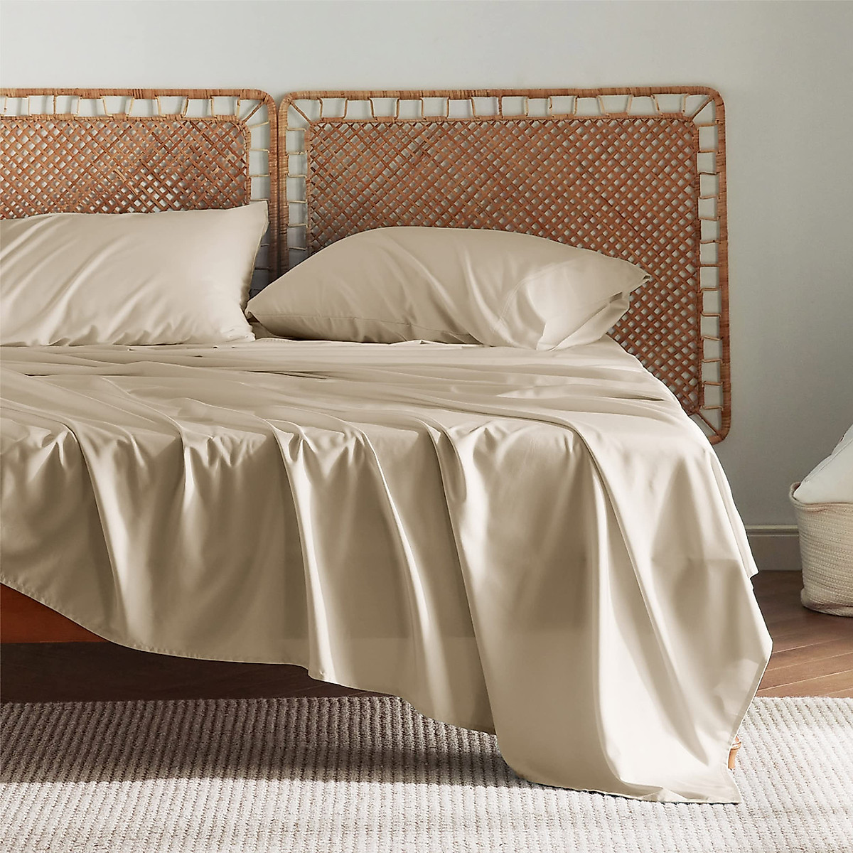 Bedsure King Size Sheet Set, Cooling Sheets King, Rayon Derived from Bamboo, Deep Pocket Up to 16", Breathable & Soft Bed Sheets, Hotel Luxury Silky Bedding Sheets & Pillowcases, Beige