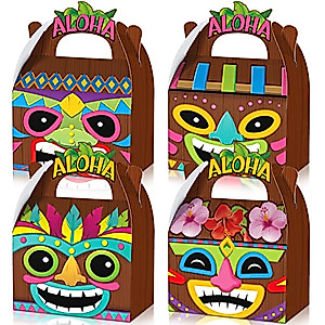 Glenmal 24 Pcs Hawaiian Aloha Party Boxes Tiki Luau Treat Boxes Goodie Candy Boxes Tropical Themed Boxes with Handles Summer Tiki Luau Treat Boxes for Aloha Hawaiian Luau Party Supplies (Luau)