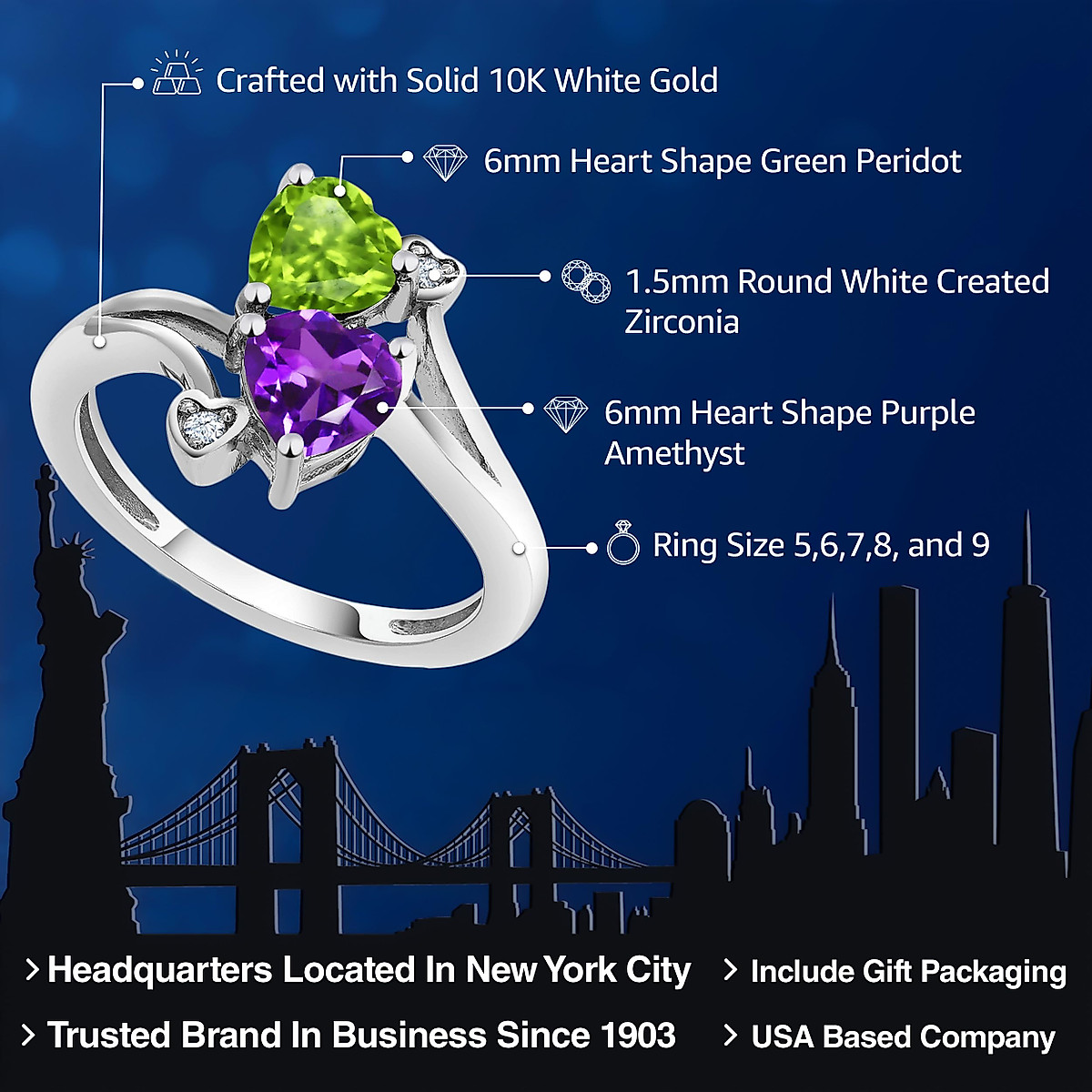 Gem Stone King 10K White Gold Purple Amethyst and Green Peridot Ring For Women (1.51 Cttw, Heart Shape 6MM, Gemstone Birthstone, Available In Size 5, 6, 7, 8, 9)