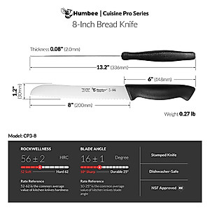 Humbee Cusine Pro, 8 inch Bread Knife, Serrated Knife Wave Razor-Sharp Blade Comfortable Grip Dishwasher Safe, NSF Certified, Black