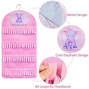 FIOBEE Baby Headband Holder Hair Bow Storage Wall Hanging Organizer Newborn Headbands Hanging Holder Girls Hairband Display for Wall Closet Kids Room, Pink Elephant