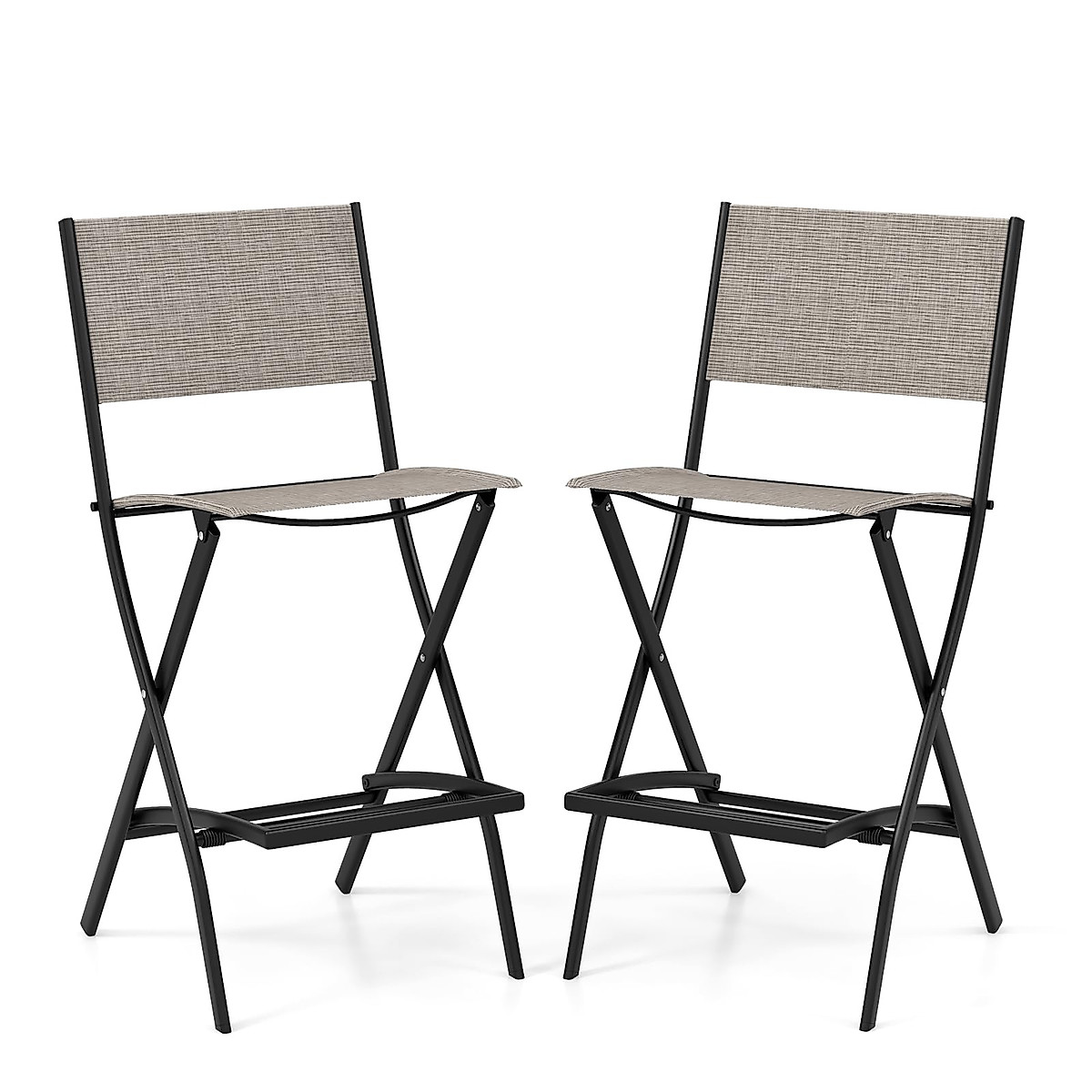 COSTWAY Outdoor Patio Bar Chair Set of 2, Folding Bar Height Stool with Metal Frame & Footrest, Patio Bar Stool for Balcony, Garden & Poolside (2, Coffee)