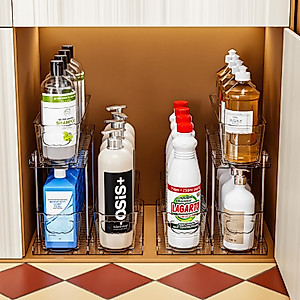 14.8" Deep 2 Tier Bathroom Storage Organizer, 4 Pack Clear Under Sink Organizers Vanity Countertop Storage Container, Medicine Cabinet Drawers Bins, Pull-Out Organization with Track for Pantry,Kitchen