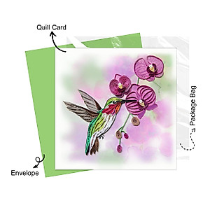 QUILLCRAFT Hummingbirds and Purple Orchid Quilling Card, Card, Quilled Quilling Card for Mothers Day, Birthday, Thank You, Artful Card for Him Her, Mom, Dad, Couple (Hummingbirds Orchid)