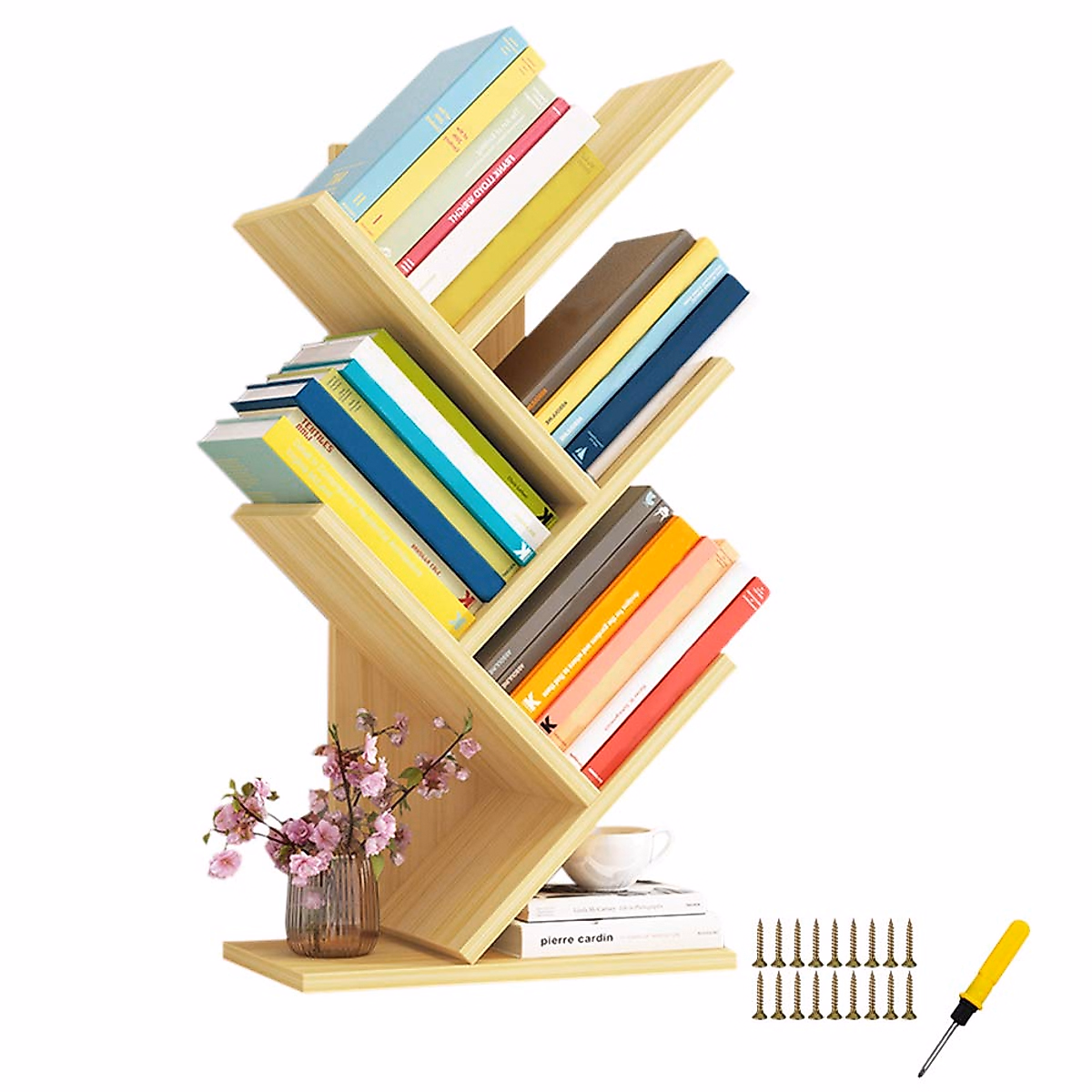 QUMENEY Tree Bookshelf, 5 Shelf Display Bookcase,Tree Bookcase for Books/CDs/Albums/Files Holder, Free Standing Book Shelves Organizer for Office，Bedroom, Living Room (Light Walnut)