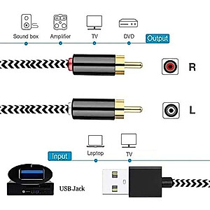 USB to 2-Male RCA Audio Aux Cable for PC Stereo Y Splitter Cord Jack Adapter Compatible with USB A Laptop, Linux,Windows, Desktops and More Device for Amplifiers, Home Theater, Speaker (6.6Feet)