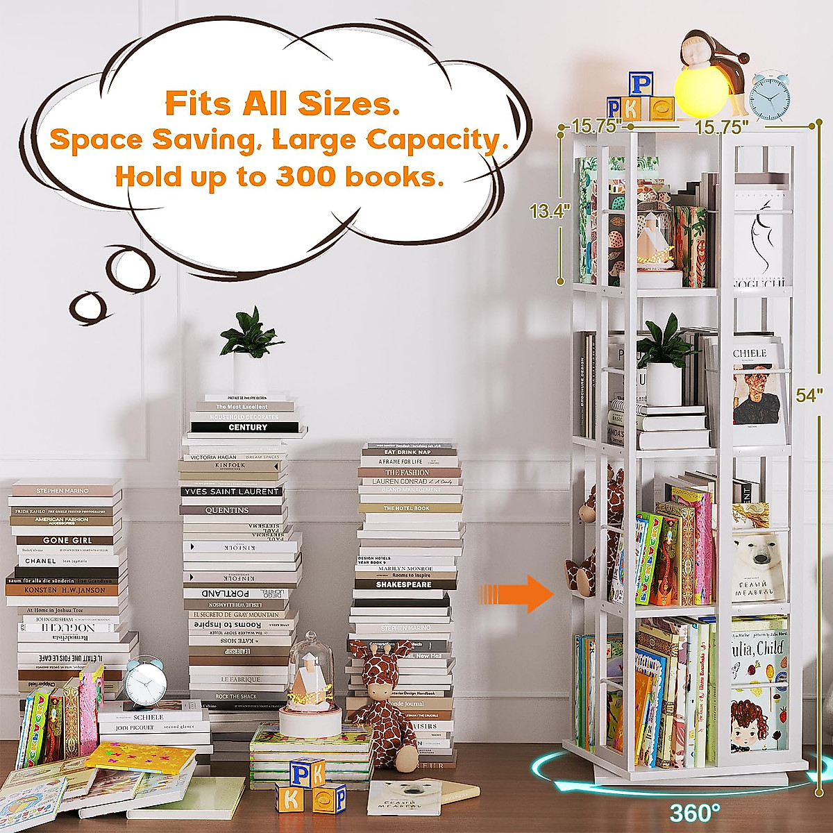 Aheaplus Rotating Bookshelf, Corner Bookshelf, 360 Display Wood Spinning Bookshelf, Floor Standing Bookcase Narrow Shelf Revolving Organizer Storage Rack for Small Space, Bedroom, Study Room, White