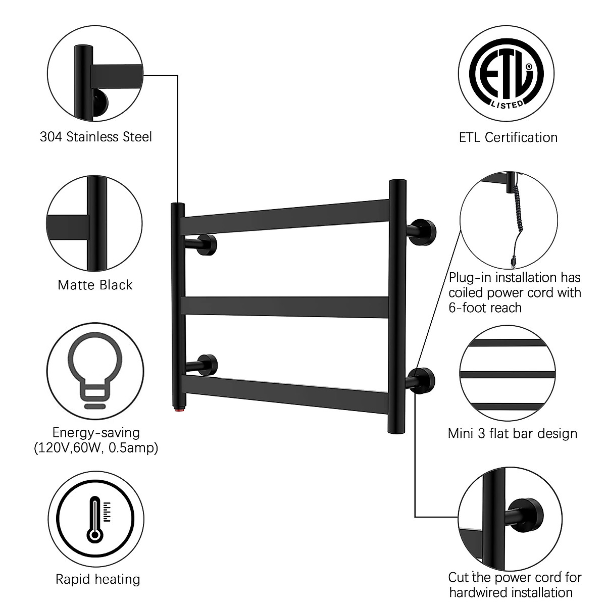 HEATGENE Towel Warmer 3 Flat Bar Towel Dryer Wall-Mounted Plug-in Bath Towel Heater - Matte Black