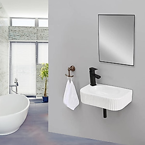 Hiomiestiy Bathroom Vessel Sink Rectangular Wall Mount Sink White Wall Mounted Bathroom Sink with Faucet and Drain White Porcelain Ceramic Washing Small Bathroom Vanity Sink