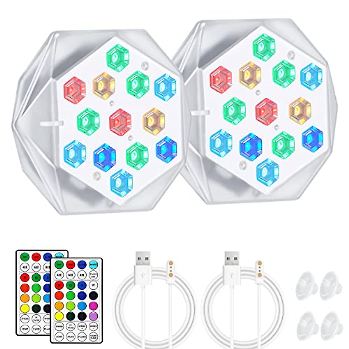 FTUREERA Pool Lights, Rechargeable Submersible Pool Lights with Remote, Silicone Suction Cup, 16 Color Changing, 4 Colour Modes RGB LED Lights for Bathtub, Shower,Hot Tub, Spa, Party (2 Pack)