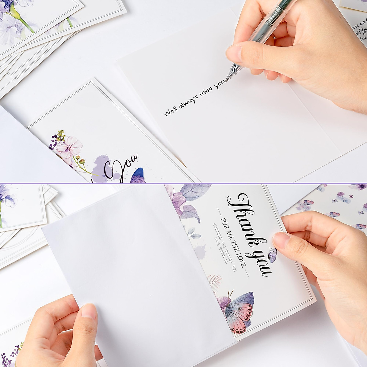 WATINC 60pcs Funeral Thank You Cards with Envelopes and Stickers, Purple Butterfly Bereavement Card Express Your Condolences, Memorial Sympathy Cards with Message Inside for Beloved Friends Family