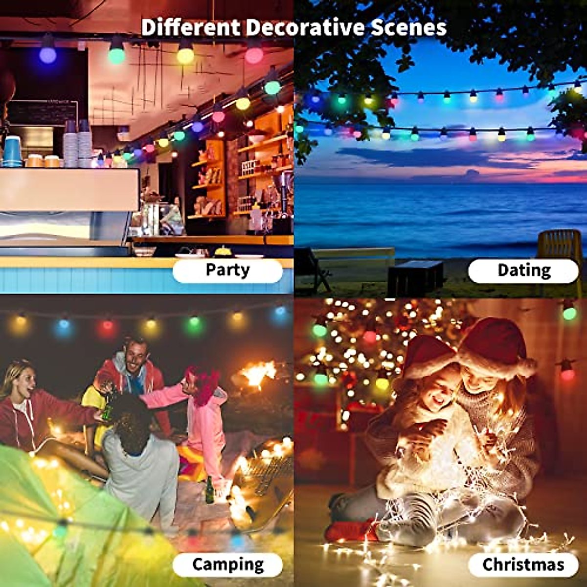 LUMIMAN Smart Color Changing Outdoor String Lights 48FT RGBIC Balcony Light with 15LED G45 Bulbs, APP Control 2.4GHZ WiFi Alexa Google, Connectable for Patio Gazebo Café Backyard