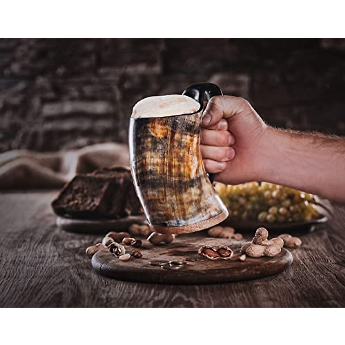 Norse Tradesman LG Viking Drinking Horn Mug - 100% Authentic Beer Horn Tankard With Hardwood Bottom & Ring Engravings | The Eternal, Low Polish, approx. 16 oz