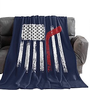 Throw Blanket- Winter Ice Hockey USA Flag Soft Warm Plush Fleece Bed Throw,50x60In Flannel Blankets American Stars Stripes Bedding Throws for Women/Men Bedroom Living Room Office Decor Navy Blue