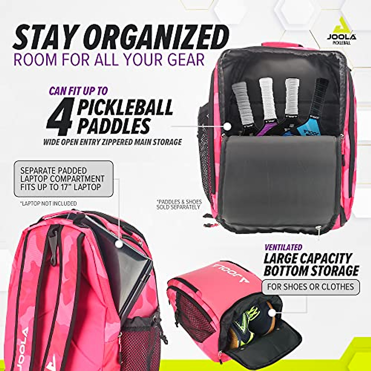 JOOLA Pickleball Bag - Vision II Deluxe Pickleball Backpack - Large Paddle Bag fits 4 Pickleball Paddles & Gear - Fence Hook, Extra Pockets, Ventilated Shoe Storage - Pink