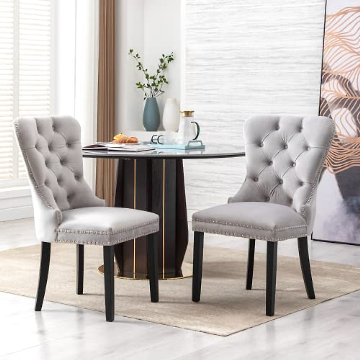 CIMOO Velvet Upholstered Dining Chairs Set of 4 Comfortable Tufted Chair Modern Armless Chairs with Button, Nailhead Trim, (Grey, Ring on The Back)