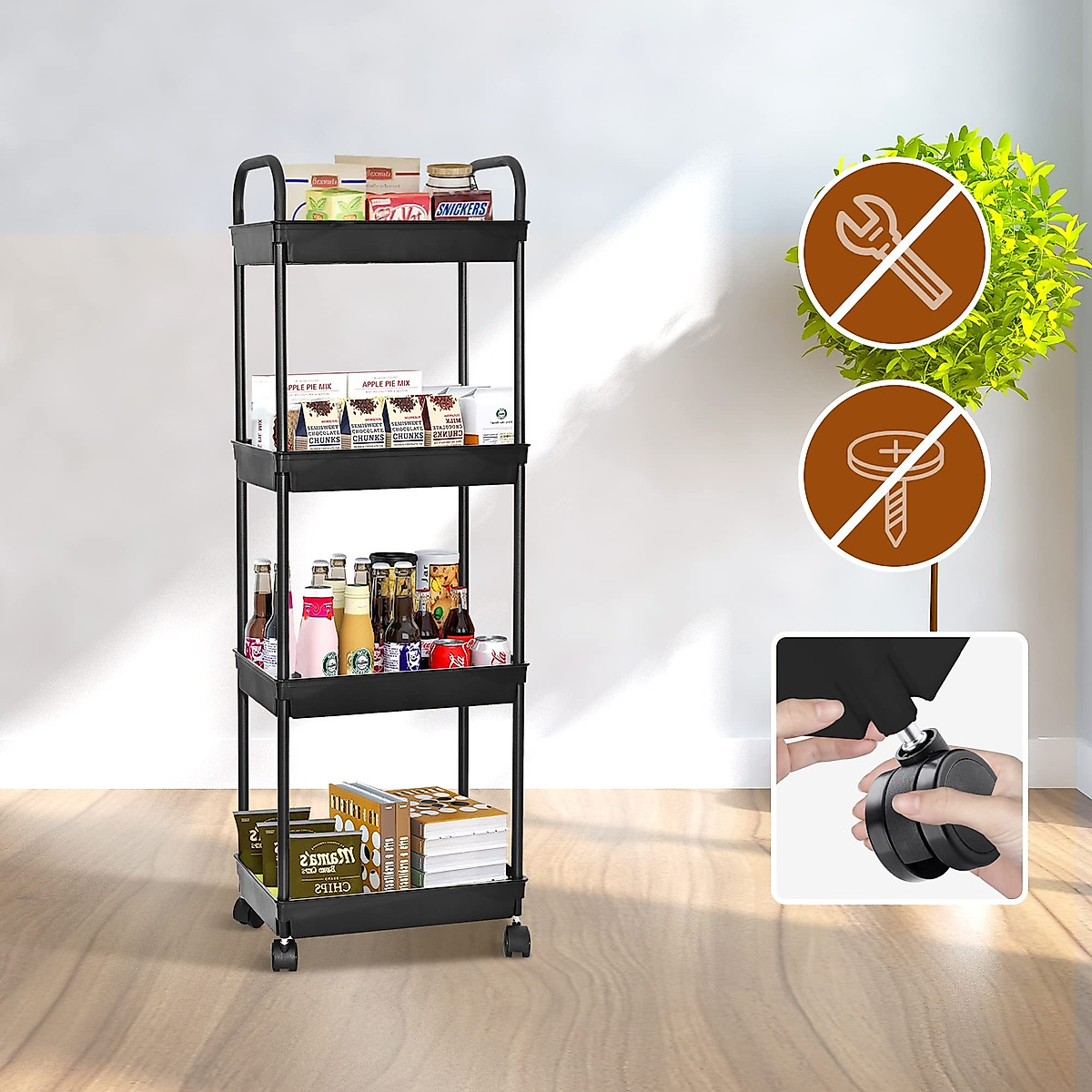 WASJOYE 4-Tier Plastic Rolling Utility Cart with Handle, Black Home Kitchen Office Storage Trolley Cart with Wheels (14 * 8.9 * 45.3 Inch)