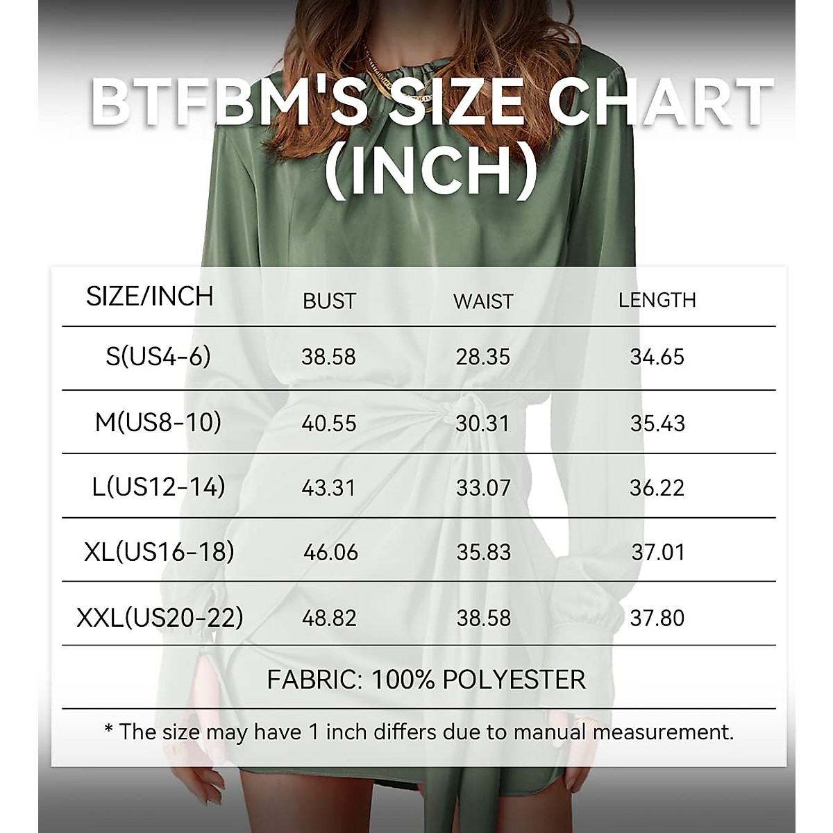 BTFBM Women Casual Long Sleeve Ruched Wrap Dress Crew Neck Tie Waist Short Dress Solid Color Mini Dress Satin Cocktail Dress(Solid Army Green,Large)