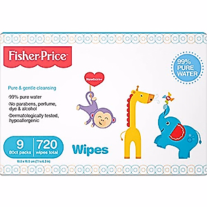 Fisher-Price Baby Wipes Unscented, Hypoallergenic, 99% Water Baby Diaper Wipes, Ideal for Newborn and Sensitive Skin, 9x Resealable Packs (720 Total Wipes)