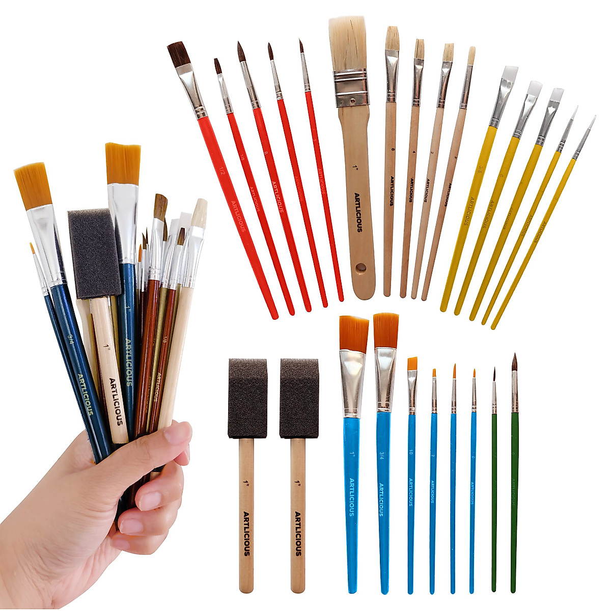 Artlicious Paint Brush Set - Pack of 25, Assorted Variety, All-Purpose Paint Brushes - Use with Acrylic, Oil, Watercolor, Gouache Paints, Face Nail Art, Miniature Detailing and Rock Painting
