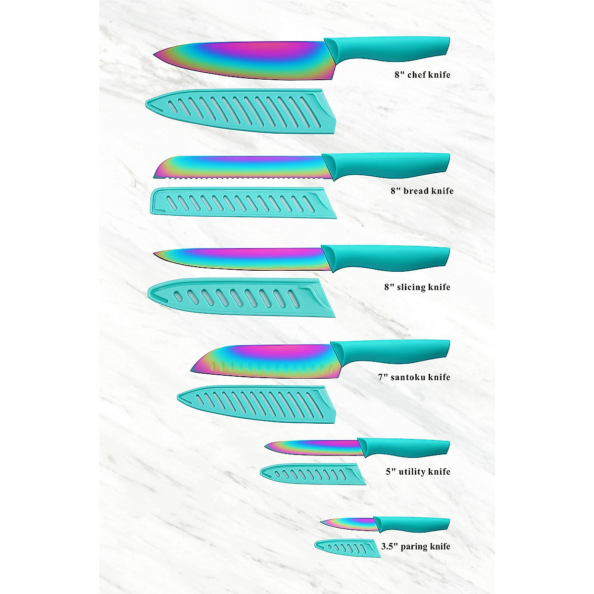 KYA37 Rainbow Titanium 12-Piece Stainless Steel Kitchen Knives Set with Sheath + KYA52 6PCS Nonstick Colorful Stainless Steel Rainbow Utensil Sets