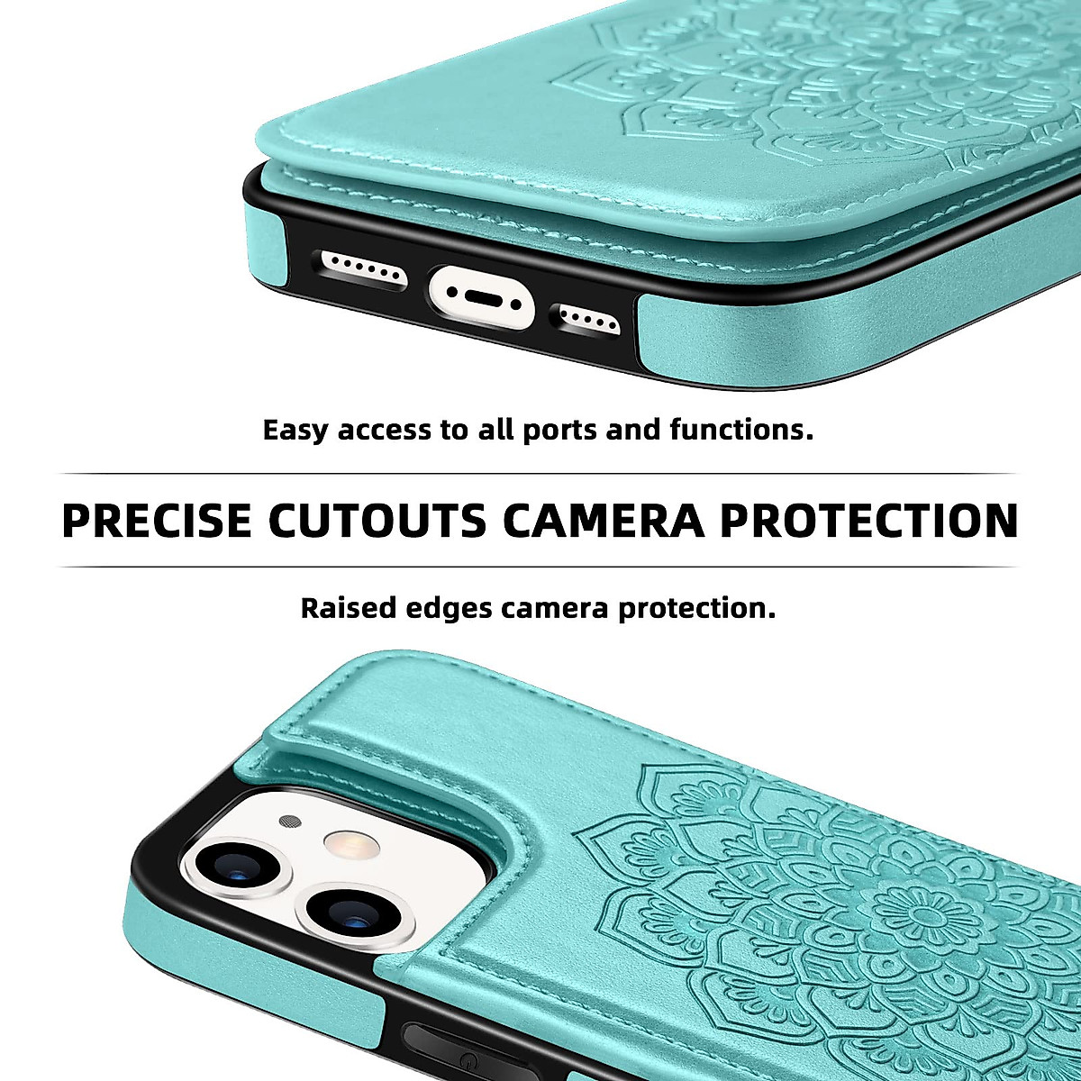 iMangoo for iPhone 12 Mini Case Wallet Credit Card Holder Slots, iPhone 12 Mini Cases for Women Embossed Mandala Flower Pattern PU Leather Double Magnet Clasp Flip Sleeve Cash Pocket Cover Mint