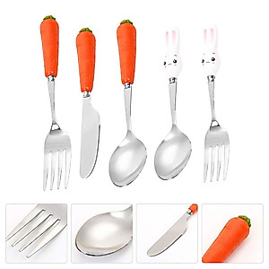 KESYOO 5PCS Stainless Steel Flatware Silverware Cutlery Set Easter Bunny Carrot Fork Spoon Eating Utensils Tableware with Ceramic Handle for Kids Home