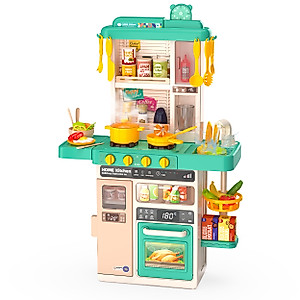 Kids Kitchen Play Set，Interactive Kids Kitchen Play Set with 50Pcs of Pretend Kitchen Toys，Realistic Sound Effects，and Simulated Functionality - Suitable for Toddlers Aged 2-12 Years (green)