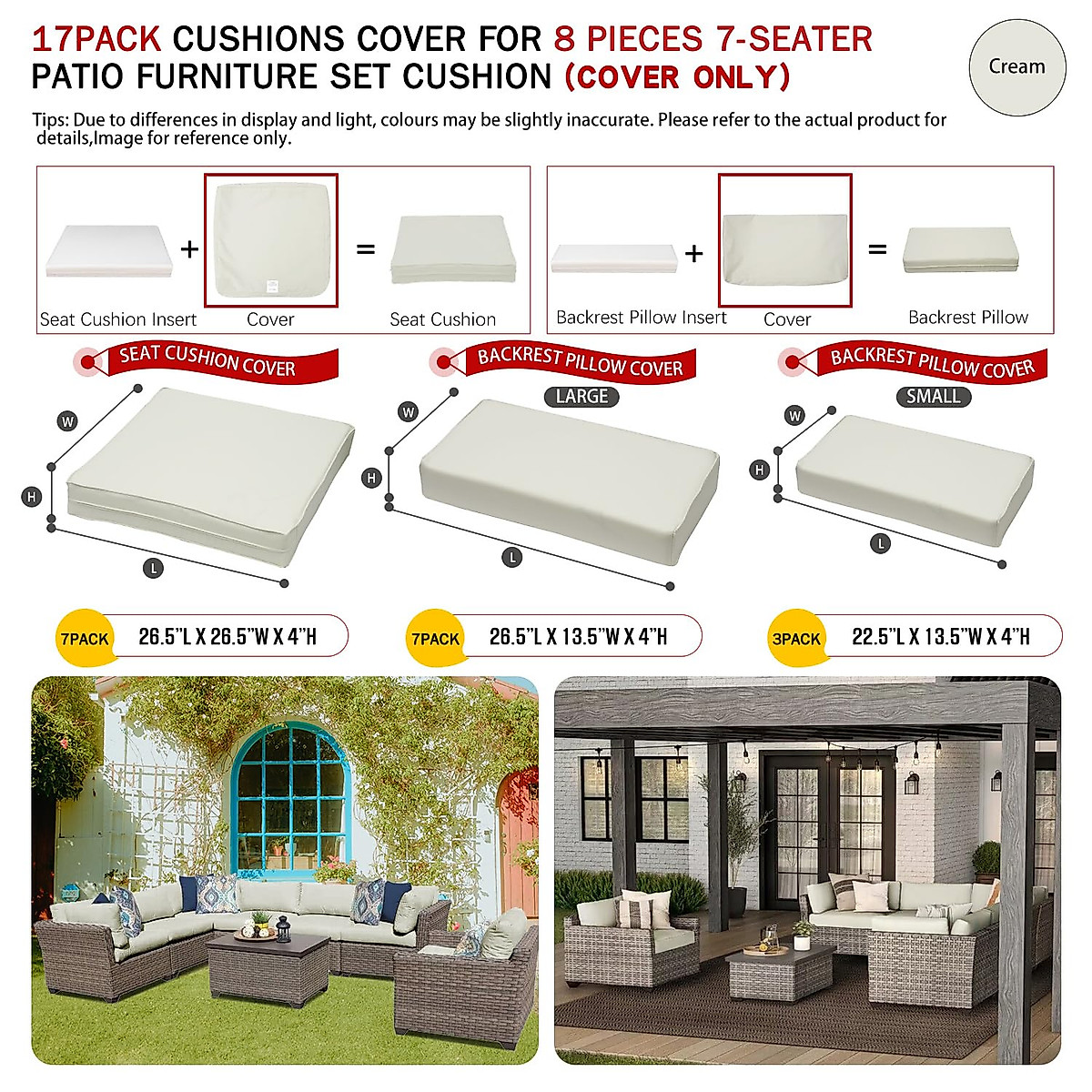 ClawsCover 17Pack Outdoor Seat Cushions Back Pillows Replacement Covers Fit for 8 Pieces 7-Seater Wicker Rattan Patio Furniture Set Sectional Couch Chairs, Cream-Include Cover Only