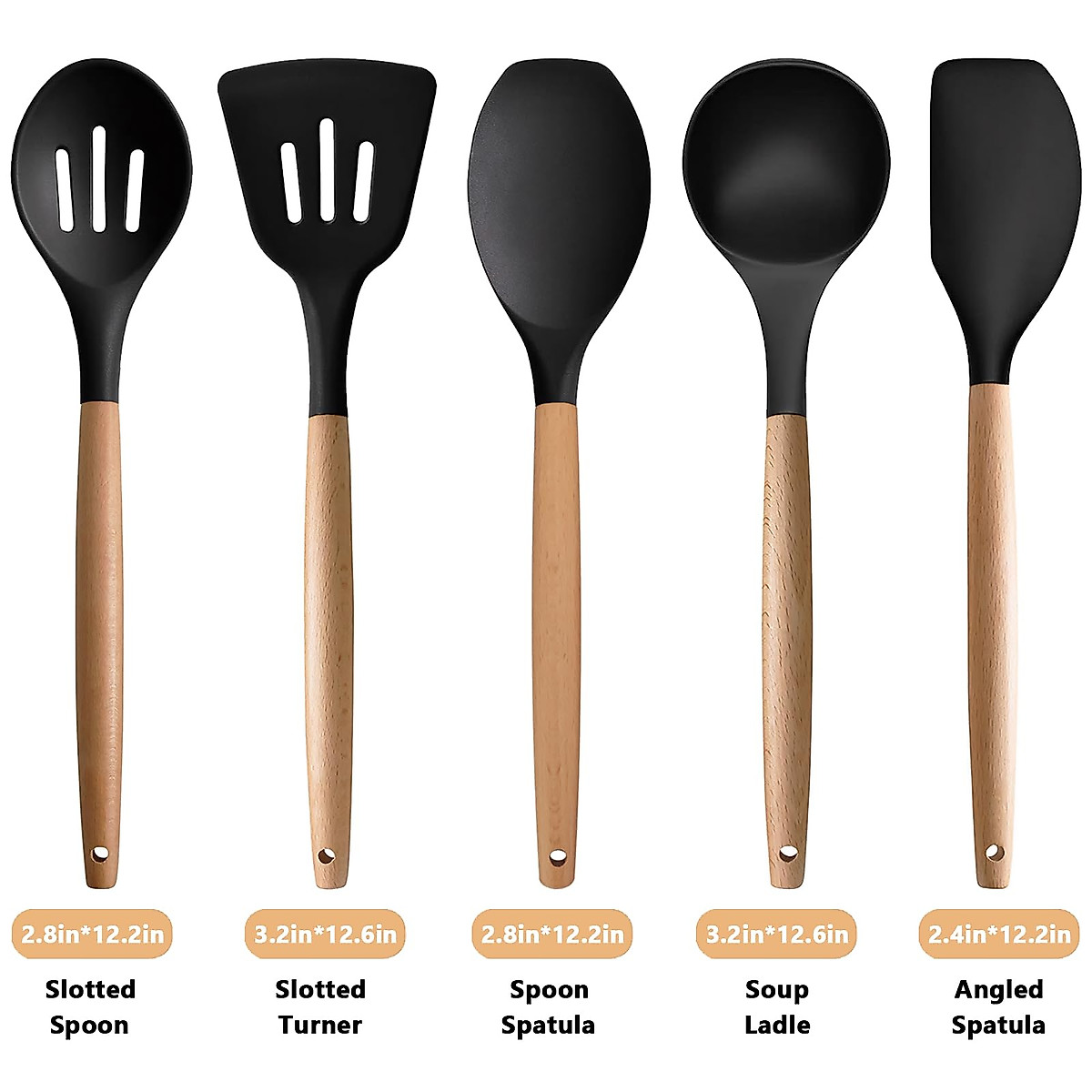 IOCBYHZ Silicone Cooking Utensils Set of 5, Heat Resistant Silicone Kitchen Utensils Set w Wooden Handle, BPA Free Silicone Spatula Spoon Turner Set Kitchen Gadgets Utensils Set for Nonstick Cookware