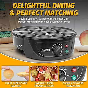 FineMade Non Stick Mini Pancakes Maker Machine, Electric Poffertjes Pan with Browning Control, Mini Ebelskiver Aebleskiver Pan, Dutch Mini Pancake Maker, with Brush & Forks, 14 Slots, Black