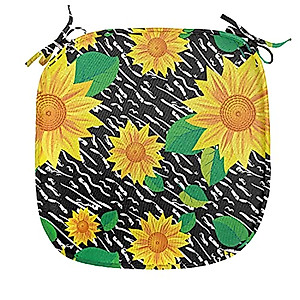Lunarable Floral Chair Seating Cushion Set of 6, View of Sunflowers on a Background of Monochrome Stripes, Seat Pads for Office with Anti-Slip Backing, 16"x16", Charcoal Grey Yellow