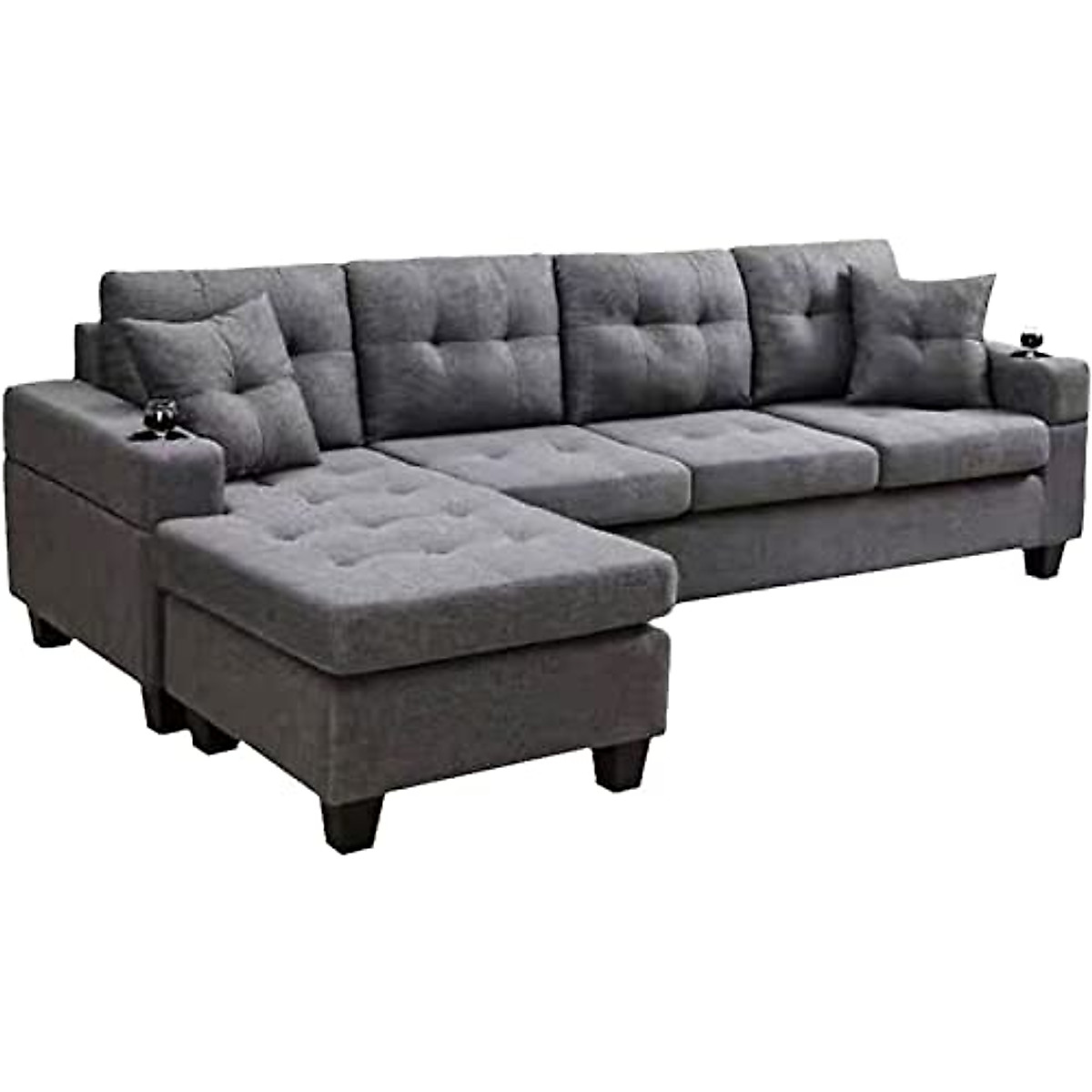 DNYN Modern Sectional Sofa Couch,Polyester Fabric 3-Seater L-Shape Corer Sofá with Chaise & Cup Holders & Removable Cushions & Throw Pillows, Furniture for Home or Office, Gray