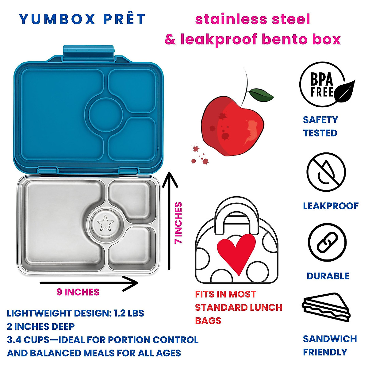 Yumbox Prêt Stainless Steel Bento Lunch Box with Leakproof Lid, Durable, Reusable Food Container, Ideal for Sandwiches & Snacks ((Normandy Blue)