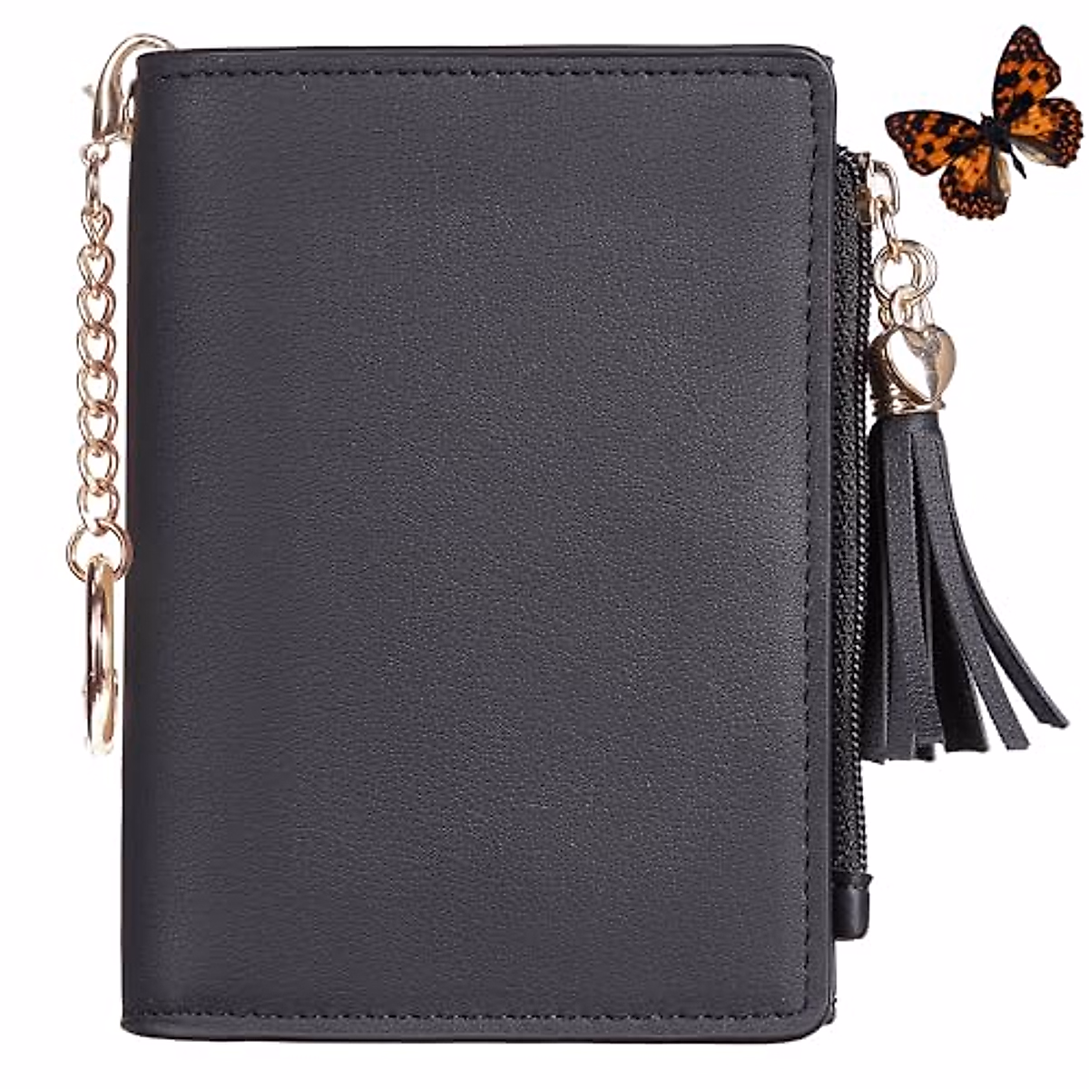 Gostwo Wallet Women, Bifold Leather Small Wallets Woman, Slim RFID Credit Card Wallet with ID Window and Zippered Coin Pocket, Cute Small Wallet with Tassel for Girls Teens Ladies, Black
