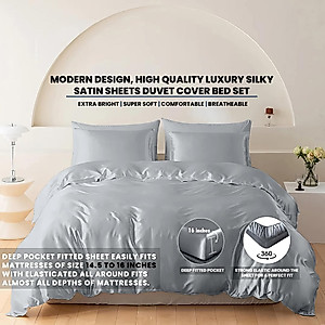 AL AHMEDANI LINEN 6 Piece Satin Sheets Queen and King Size with 4 Pillow Cases, 1 Satin Fitted Sheet, 1 Satin Duvet Cover - Gray