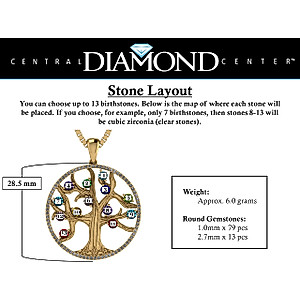 Central Diamond Center Tree of Life Mothers Necklace with 1-13 Birthstones, 1mm Box Chain - Yellow Gold Plated Silver CZ BEZEL