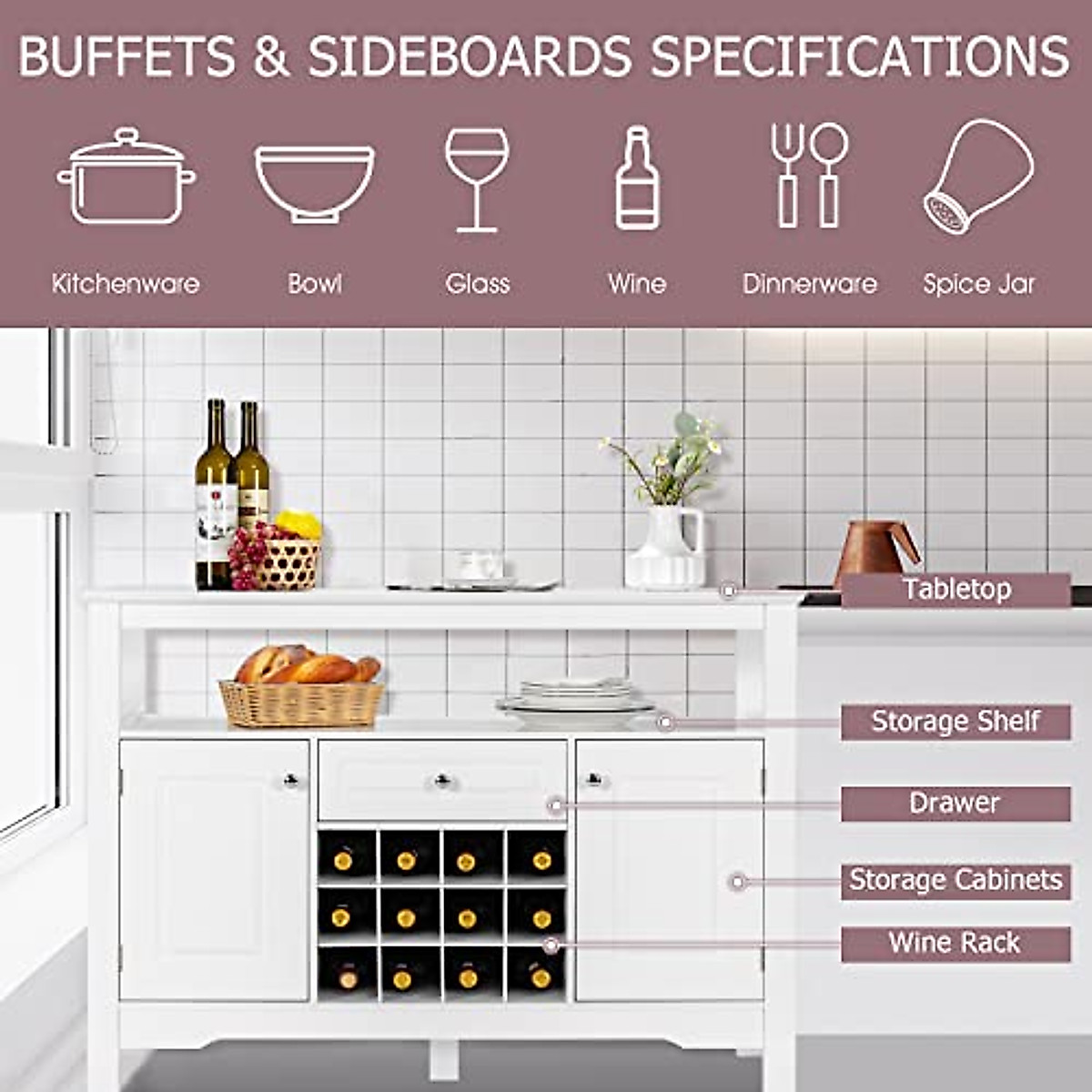 PETSITE Kitchen Sideboard Buffet Storage Cabinet, Coffee Bar Station with Wine Rack, Shelves, 2 Cabinets & Drawer, Wood Accent Modern Console Table for Living Room, Dining Room, Entryway