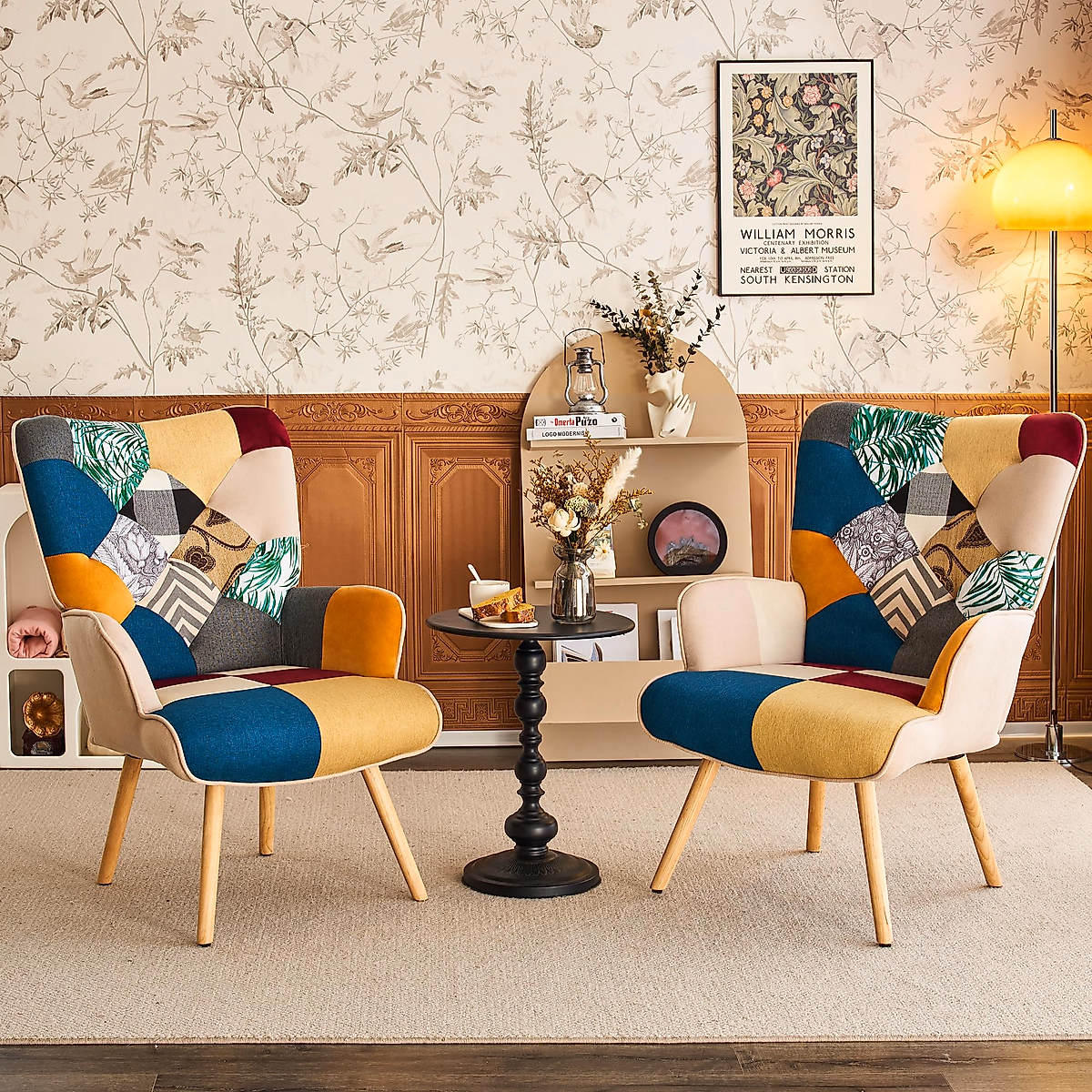 Fahomiss Accent Chair, Living Room Chair, Modern High Back Armchair, Colorful Patchwork Reading Chairs for Bedroom, Lounge Chair with Linen Fabric Shell and Solid Wood Feets (1, Colorful)