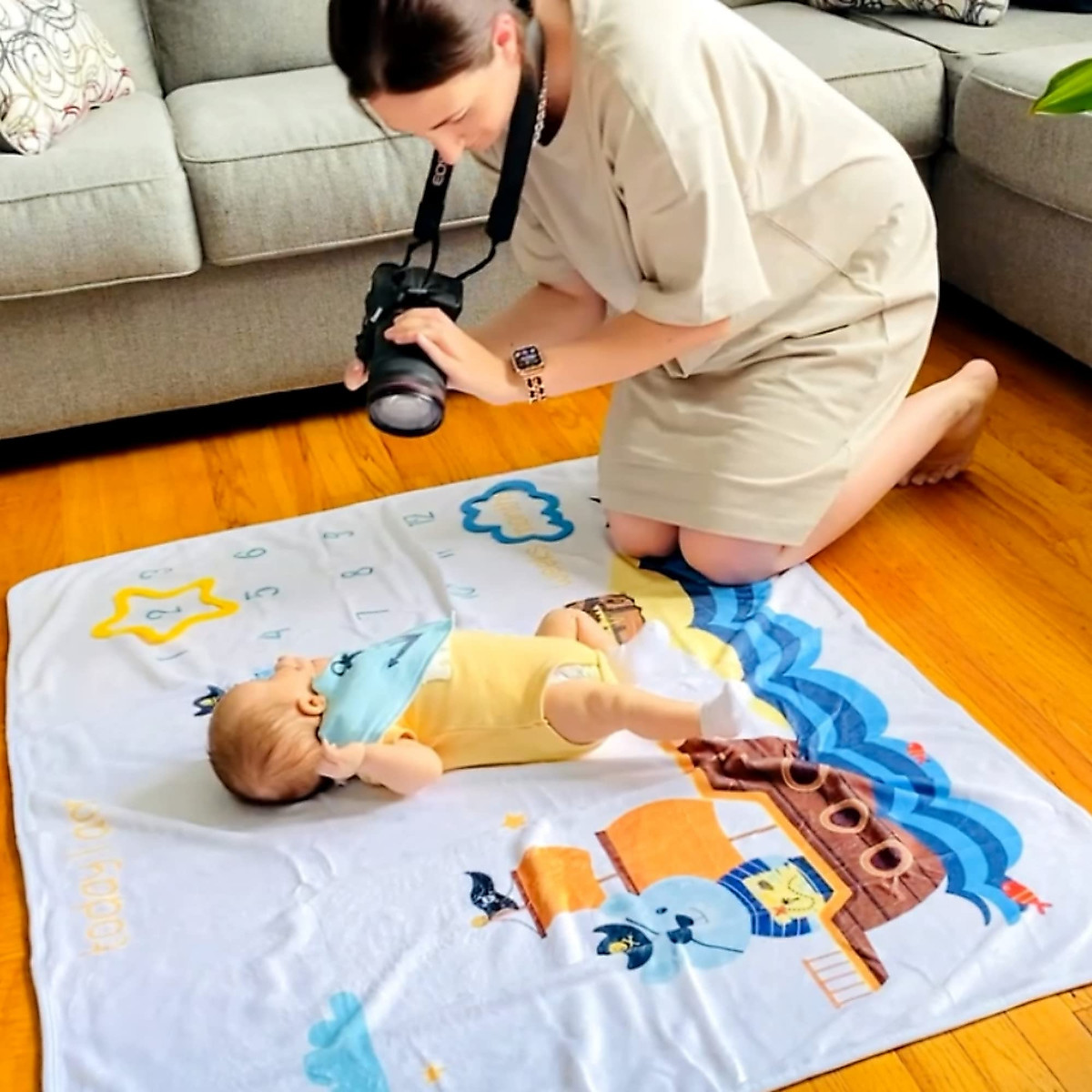 Baby Monthly Milestone Blanket for Baby Boy- Newborn Month Growth Chart Photo Blanket- Baby First Year Calendar- Great