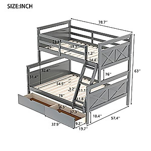 GLORHOME Twin Over Full Bunk Bed with 2 Storage Drawers, Solid Wood Bed Frame with Safety Rail and Ladder, Kids/Teens Bedroom, Guest Room Furniture, Can Be Converted into 2 Beds, Grey