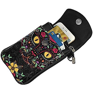 Day of the Dead Kitty Cat Sugar Skull Women Soft PU Leather Cellphone Purse Wallet Handbag Small Crossbody Shoulder Bag