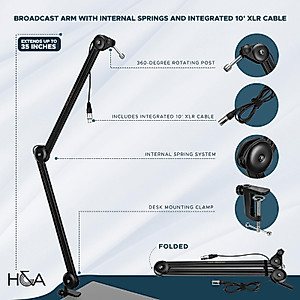 Rode PodMic Dynamic Podcasting Microphone Bundle with Broadcast Arm with Internal Springs, H&A Studio Monitor Headphones, XLR M to F Mic Cable