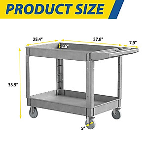 Utility Service Cart with Wheels, 2-Shelf Rolling Plastic Tool Cart (45.7" x 25.4") with 550 LBS Capacity, Work Cart with Ergonomic Storage Handle for Warehouse, Garage, Office, Gray